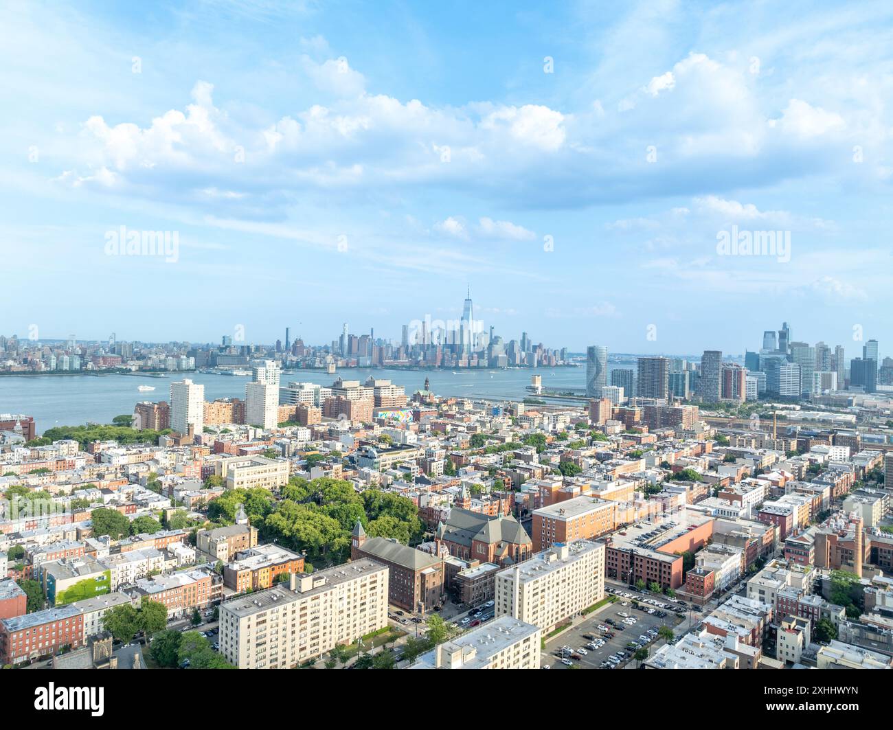 Aerial View of Hoboken downtown and Manhattan Skyline on the background ...