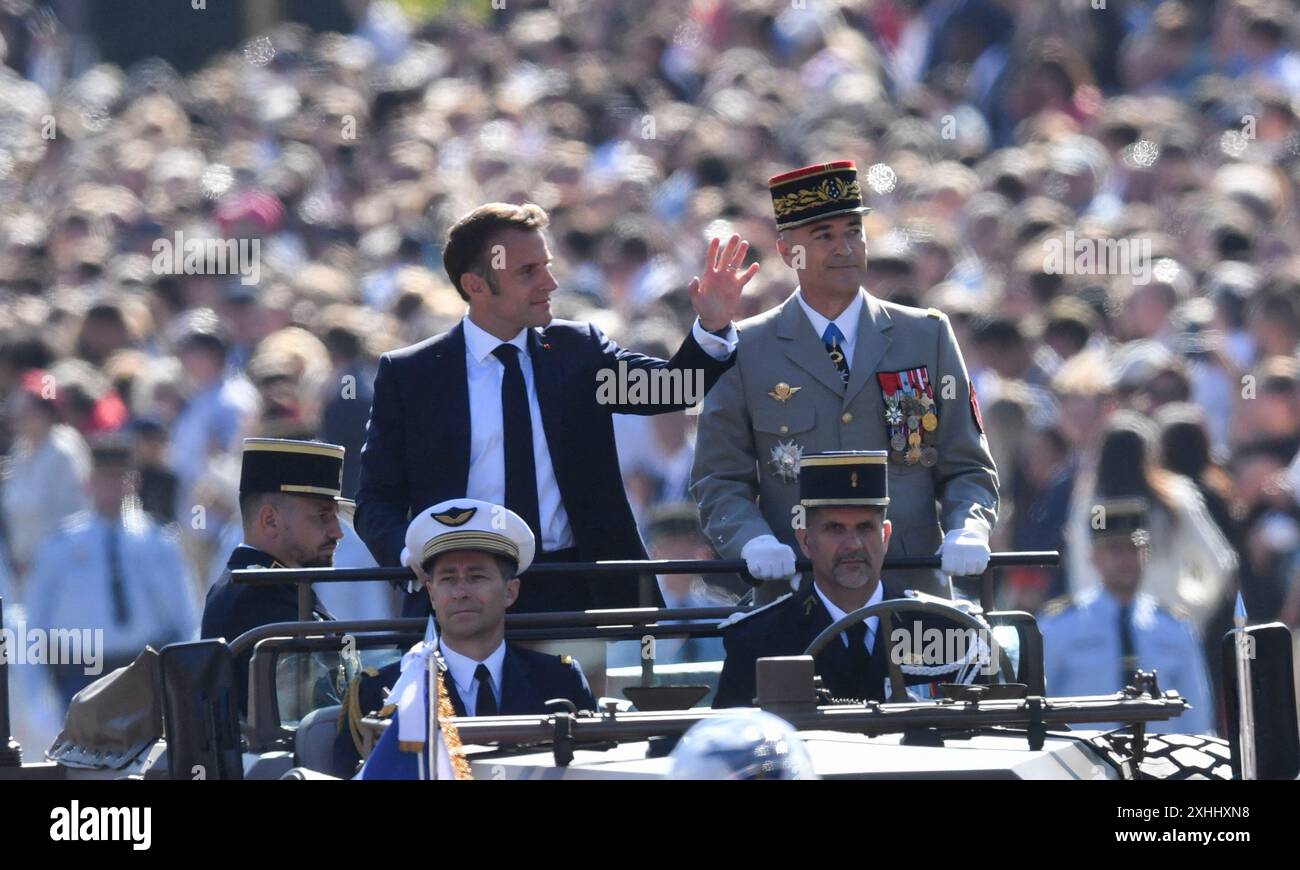 Paris, France. 14th July, 2024. French President Emmanuel Macron and French Chief of the Defence ...