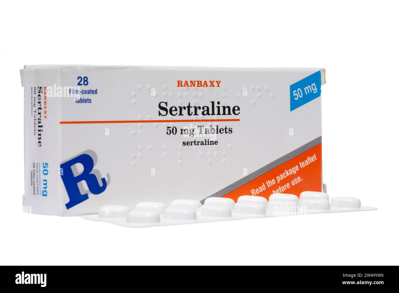 box of ranbaxy sertraline antidepressant 50mg tablets cut out against ...