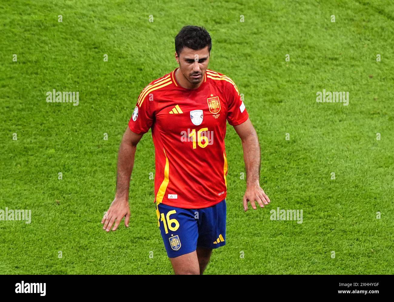 Spain's Rodri reacts at half-time during the UEFA Euro 2024 final match ...