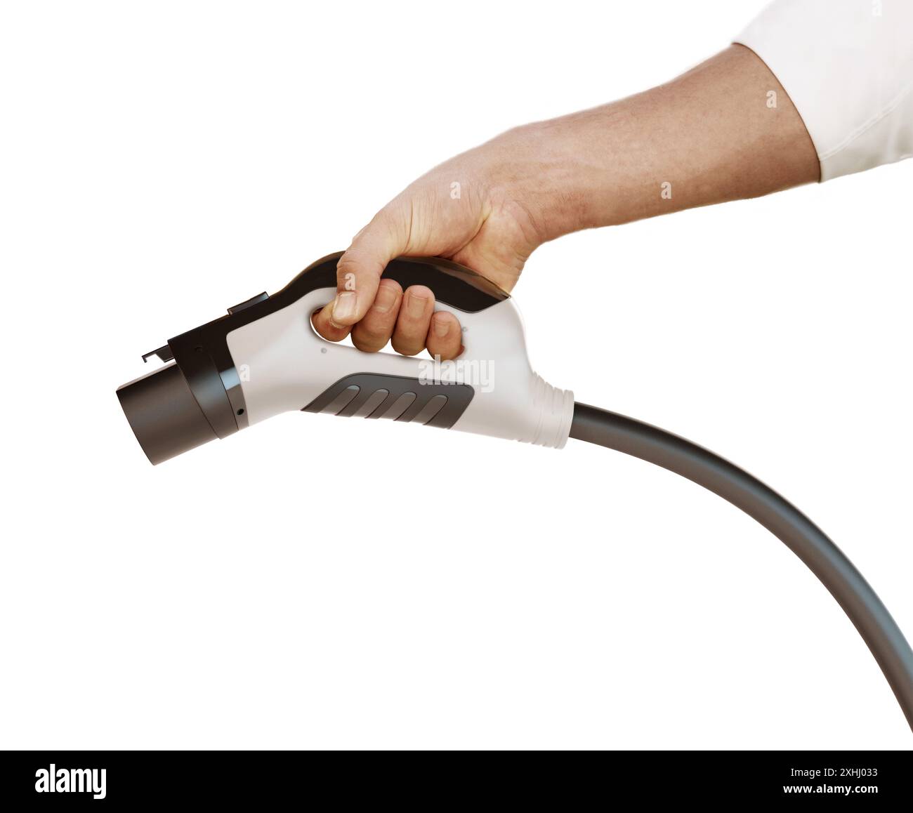 Man hand holding a electric EV nozzle charger cable on white background ...
