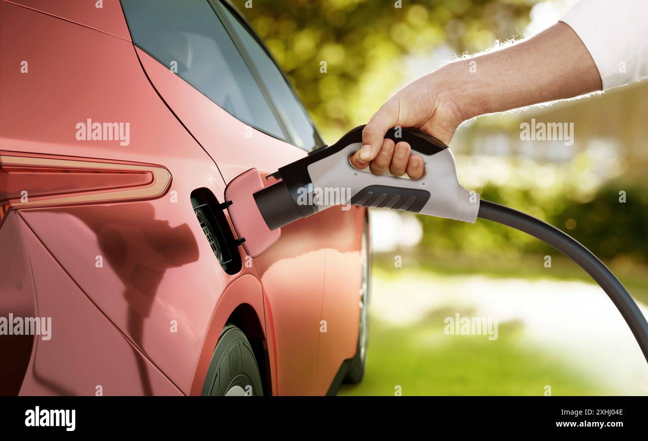 Man hand putting EV charger connector into generic electric car Stock ...