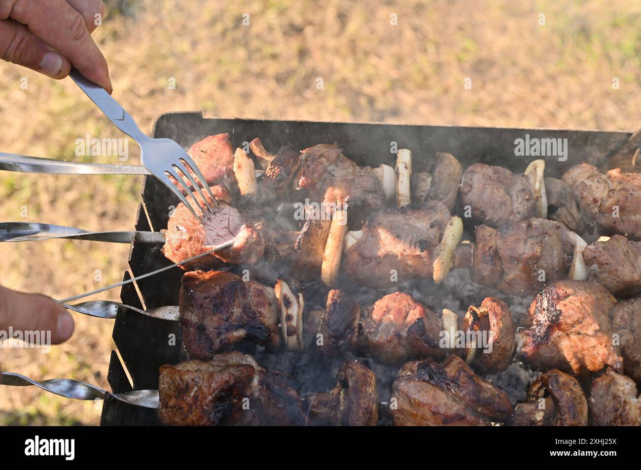 meat kebab is cooked on the grill. check the readiness of the meat ...