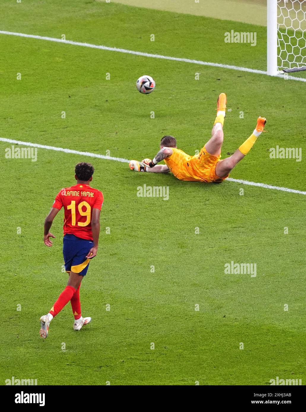Spain's Lamine Yamal attempts a shot on goal during the UEFA Euro 2024 ...