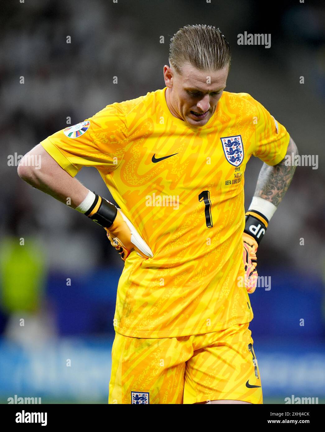 England goalkeeper Jordan Pickford dejected during the UEFA Euro 2024 ...