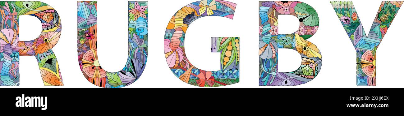 Hand-painted art design. Hand drawn illustration word RUGBY for t-shirt ...
