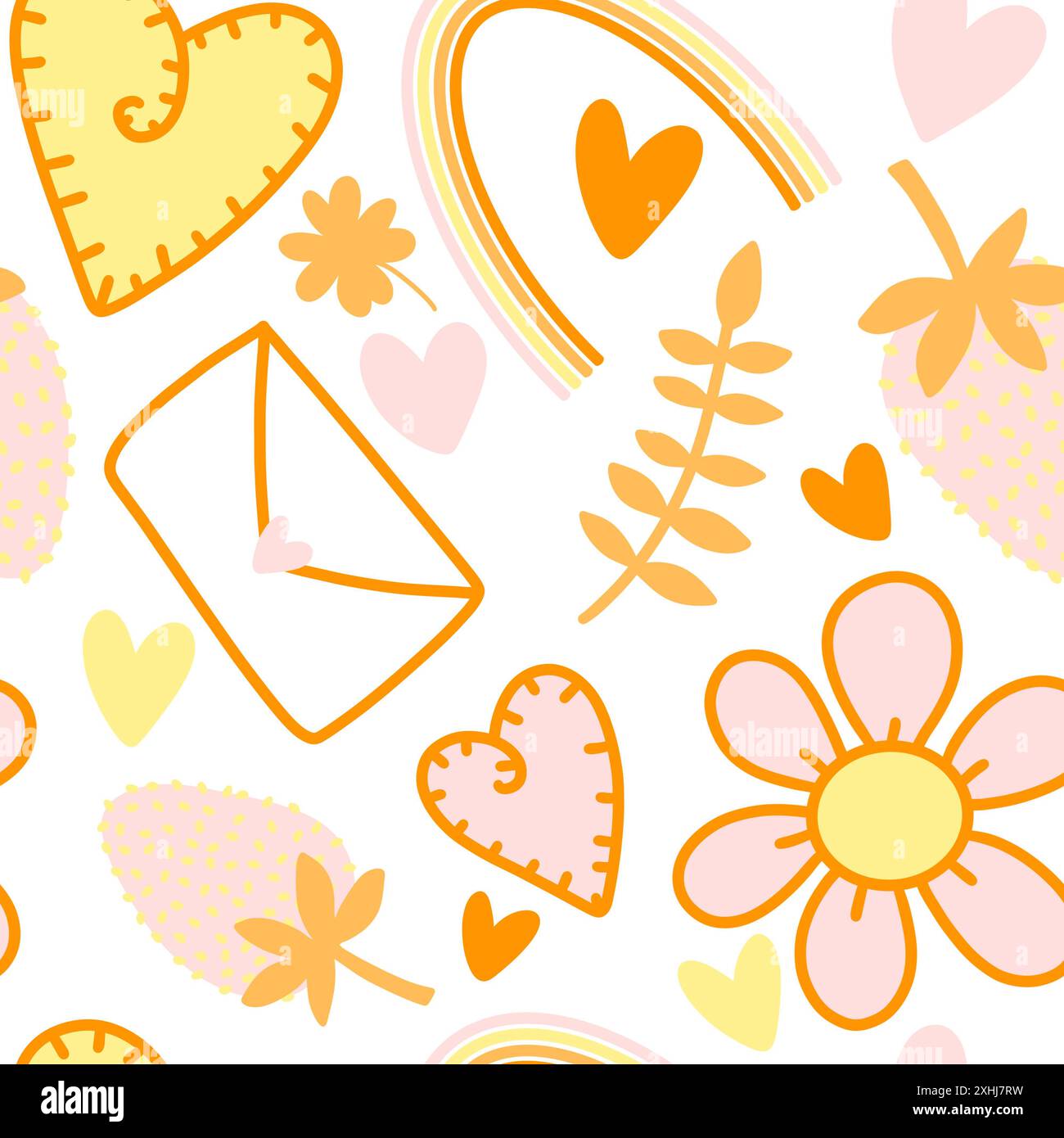 Cartoon doodle seamless cherry and strawberry and letters and rainbow ...