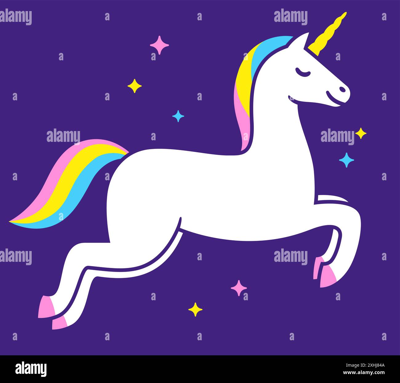 Cartoon white unicorn with rainbow sparkles on purple background ...