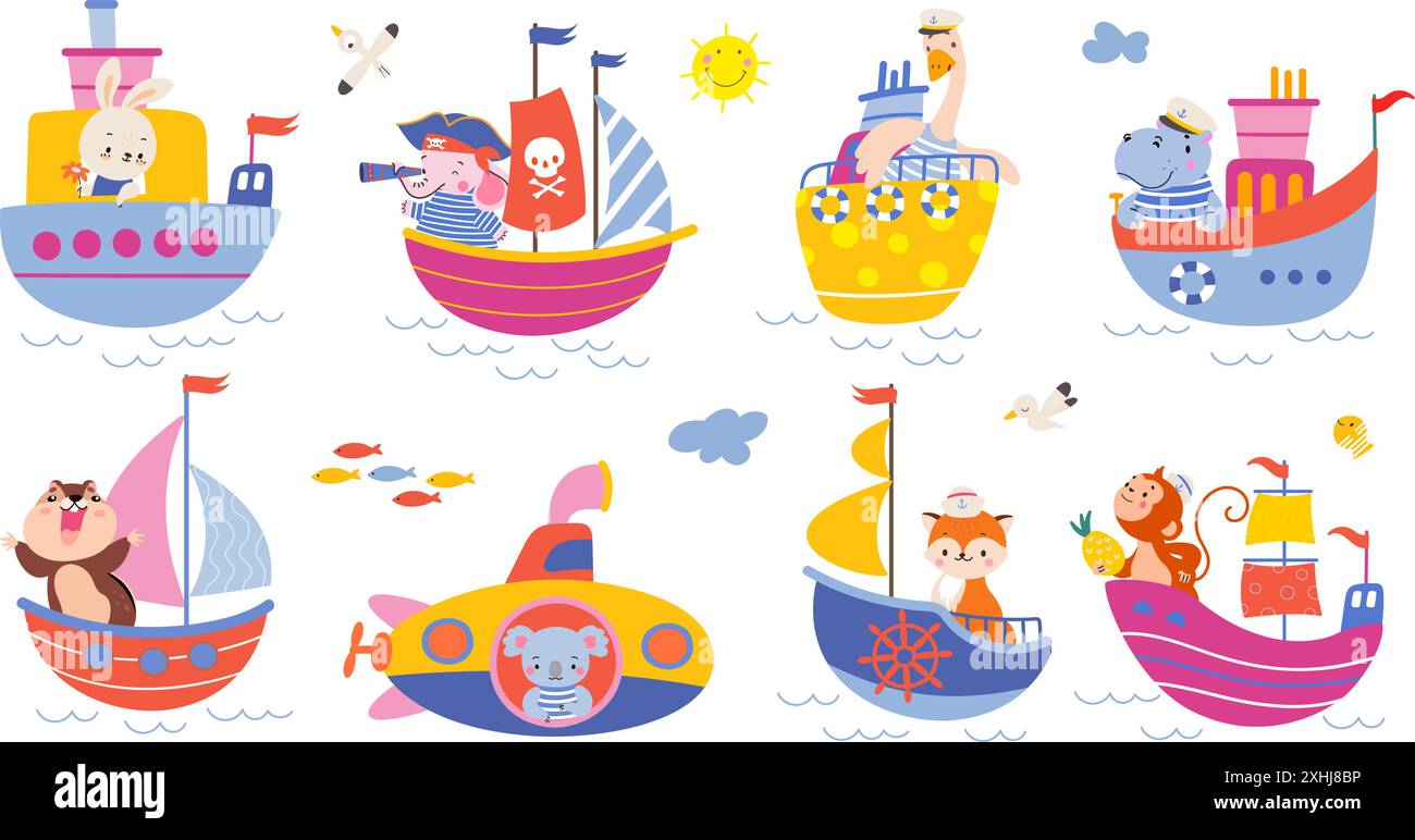Animals boating. Cute animal sailor travel on submarine ship boat and ...