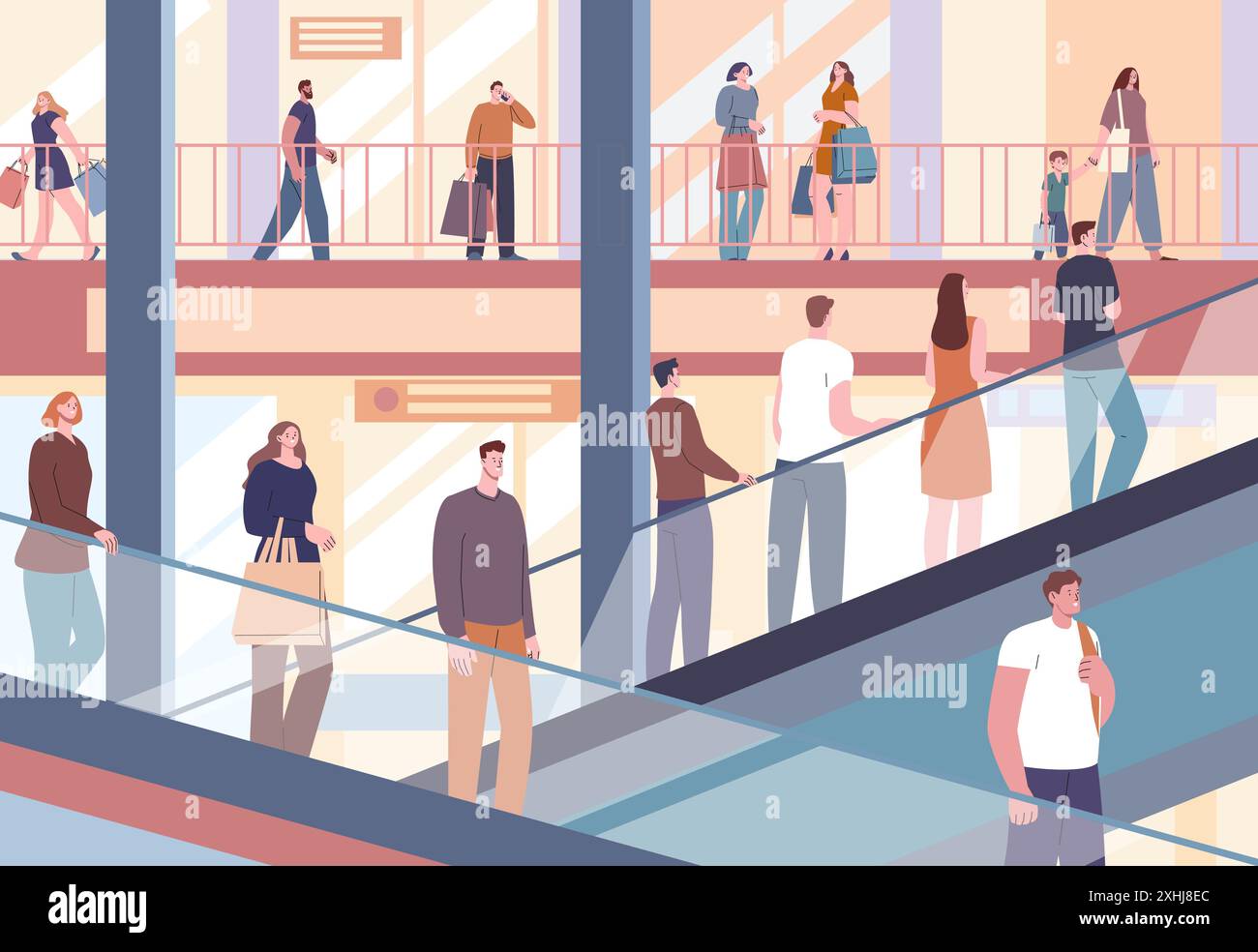 People on escalators in mall. Men women in shopping center, adults and ...