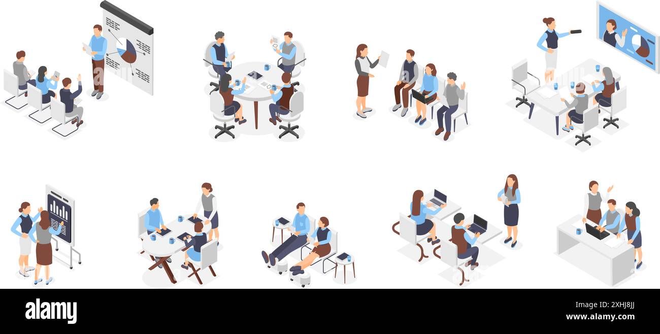 Isometric office scenes. Business people communication, discussion of ...