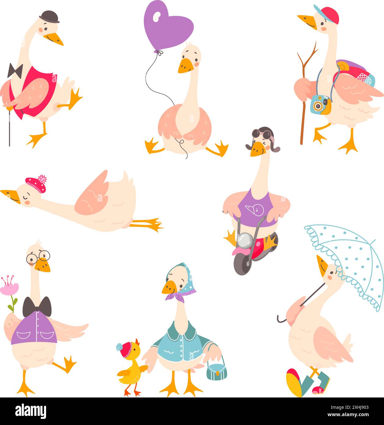 Cute goose. Funny cartoon geese traveling walking driving flying. Birds ...