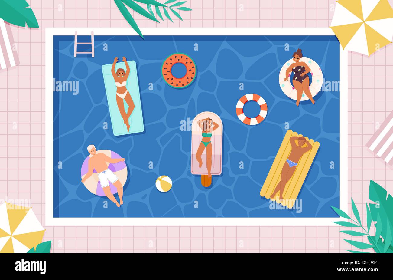 Pool party top view. People swimming on inflatable mattresses and ...