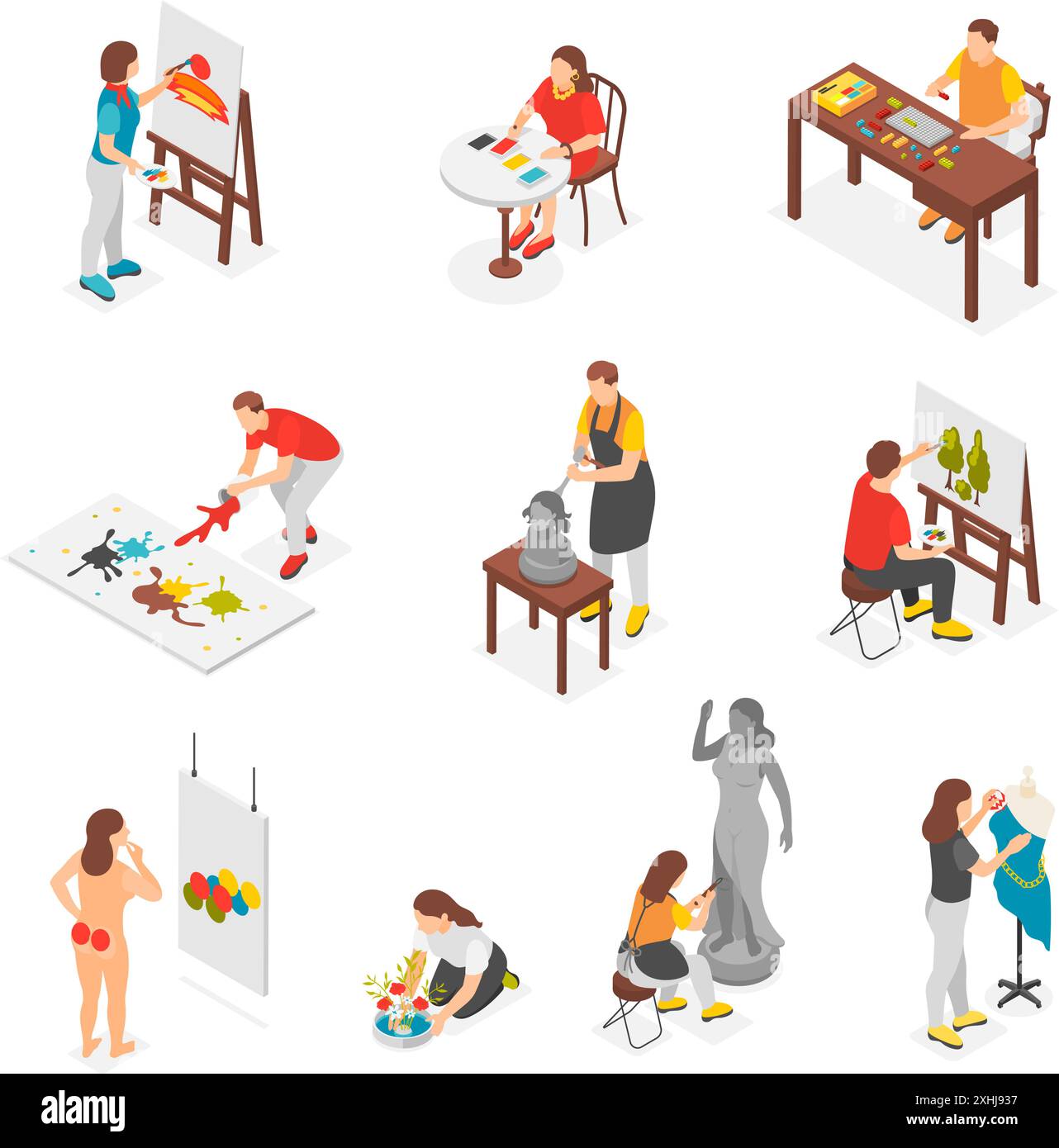 Isometric creative people. Men women drawing painting make sculptures ...