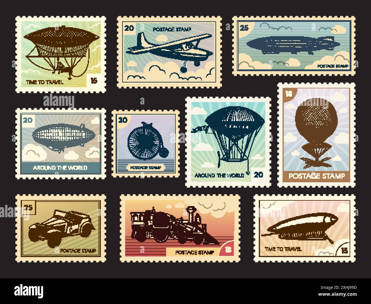 Postage stamps. Retro labels with transport cars aerobus aircraft ...