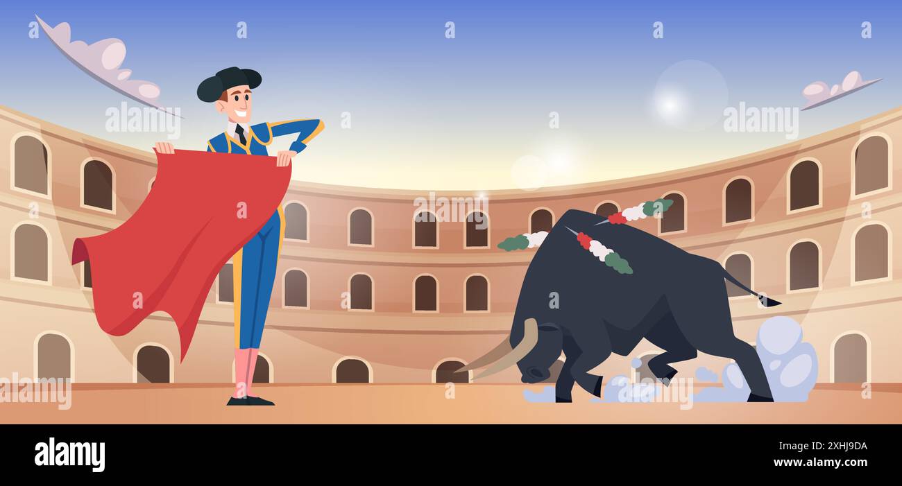 bullfighting. cartoon background with toreador and bull spain ...