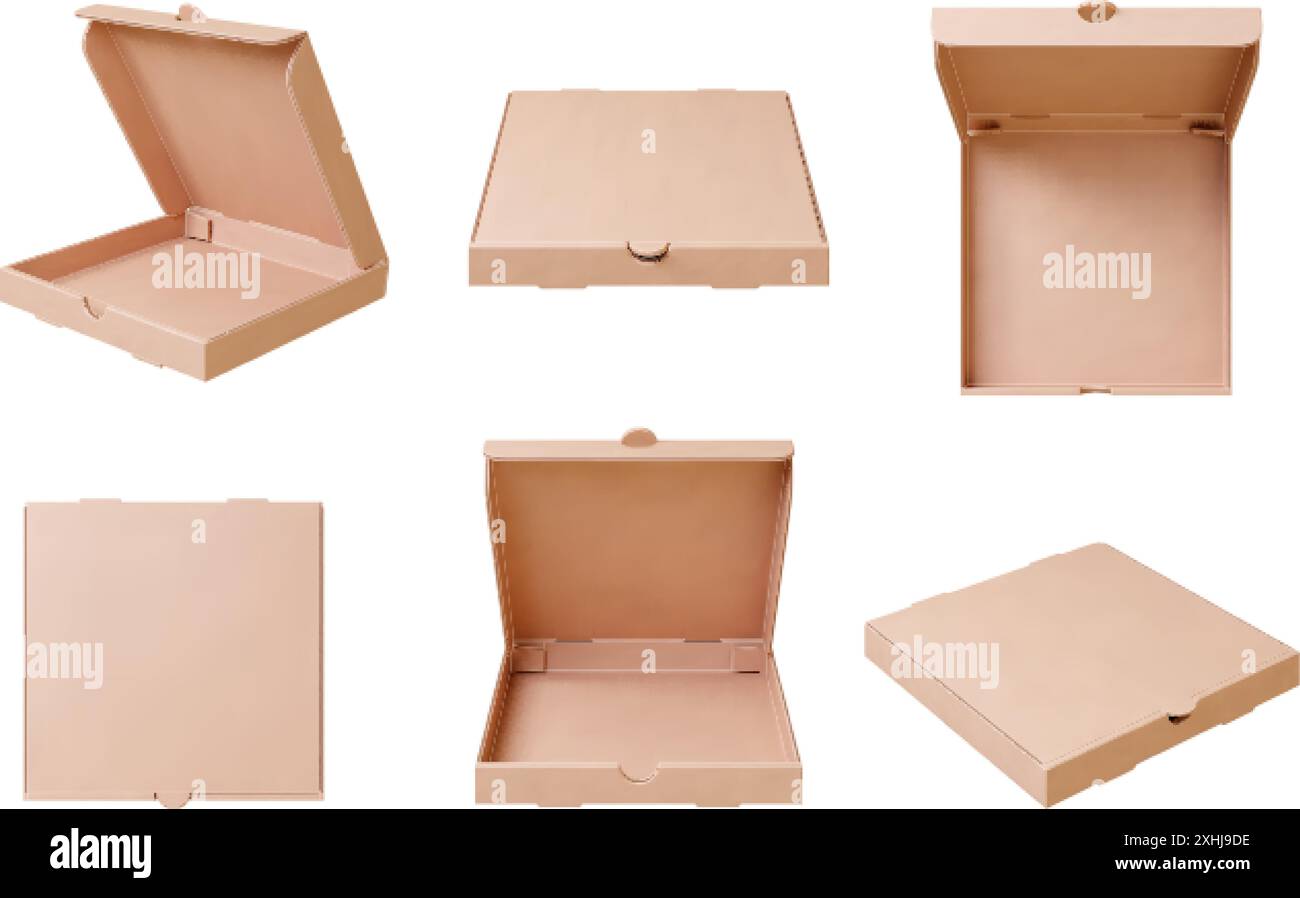 Realistic pizza boxes. Cardboard box mockup, open close top view ...