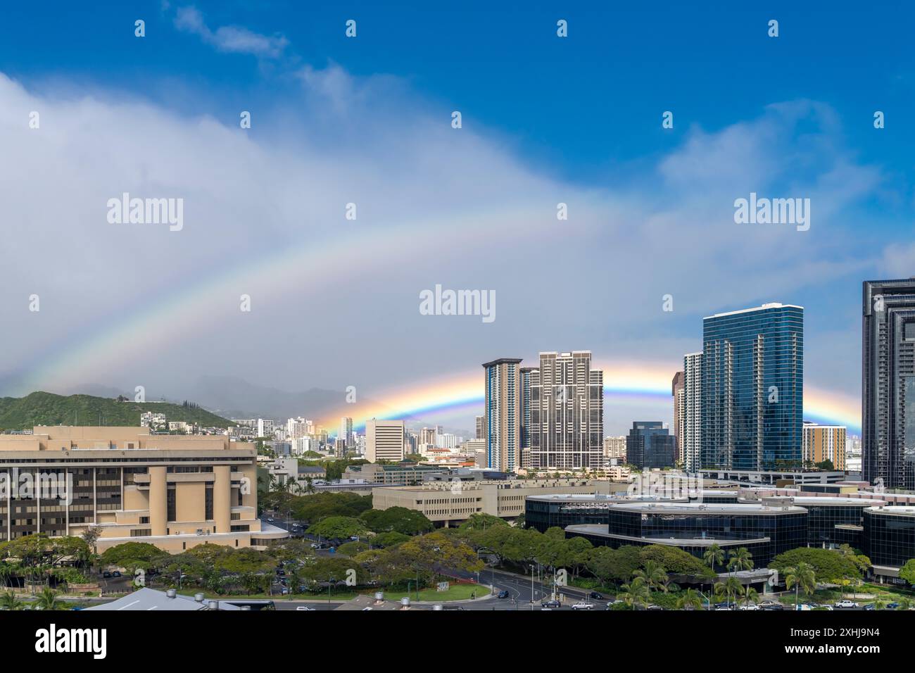 High rise buildings and rainbow in Honolulu, Oahu, Hawaii, USA Stock ...