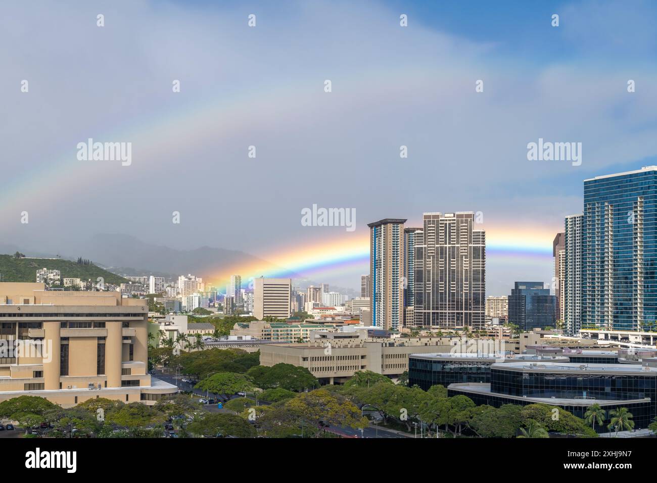 High rise buildings and rainbow in Honolulu, Oahu, Hawaii, USA Stock ...