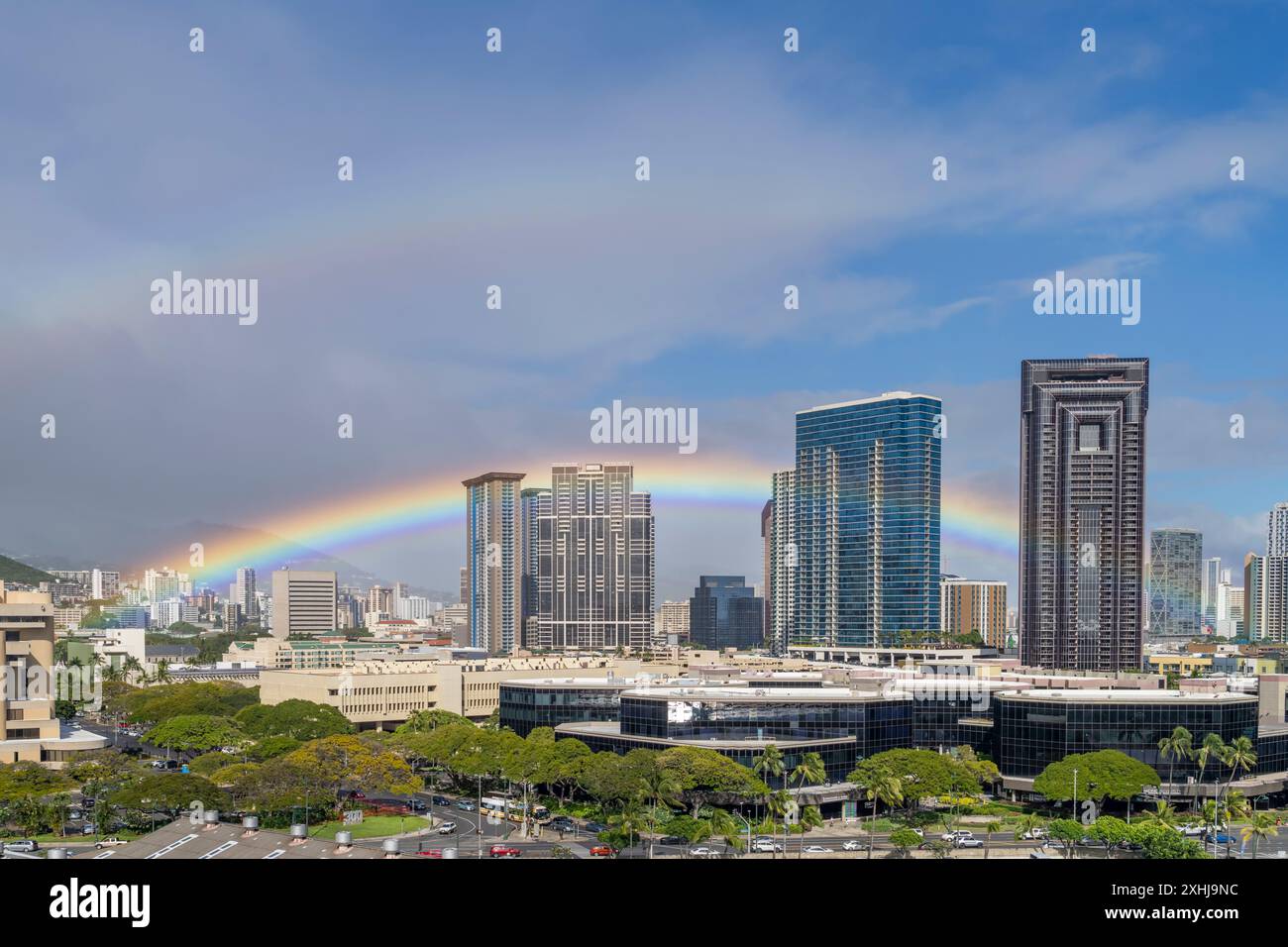 High rise buildings and rainbow in Honolulu, Oahu, Hawaii, USA Stock ...