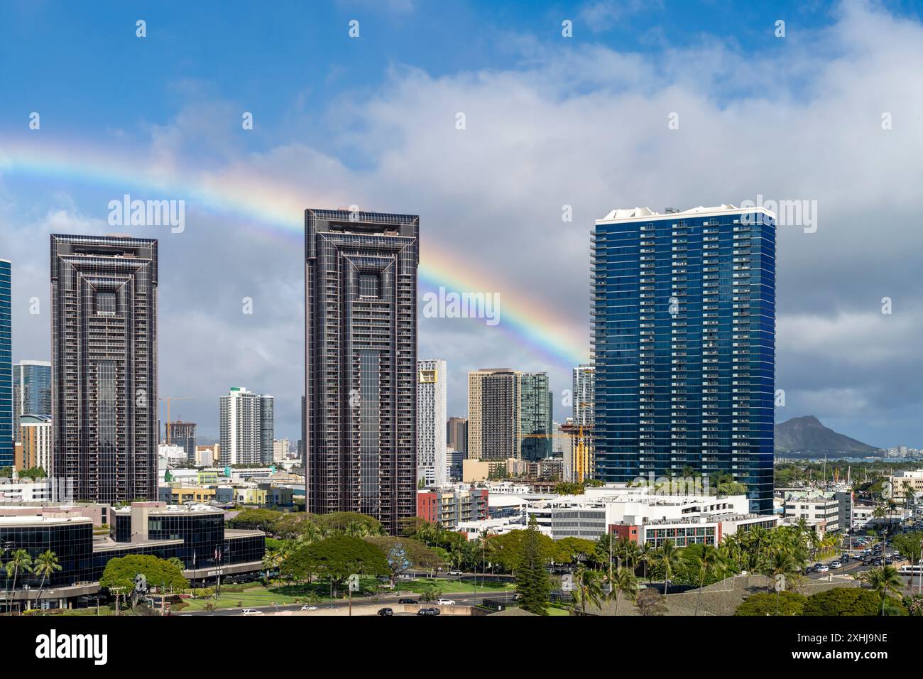 High rise buildings and rainbow in Honolulu, Oahu, Hawaii, USA Stock ...