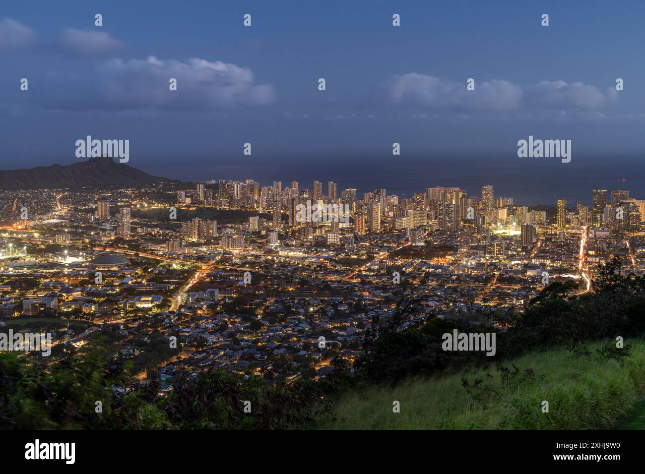 Night view of downtown city illuminated at night from Tantalus Lookout ...