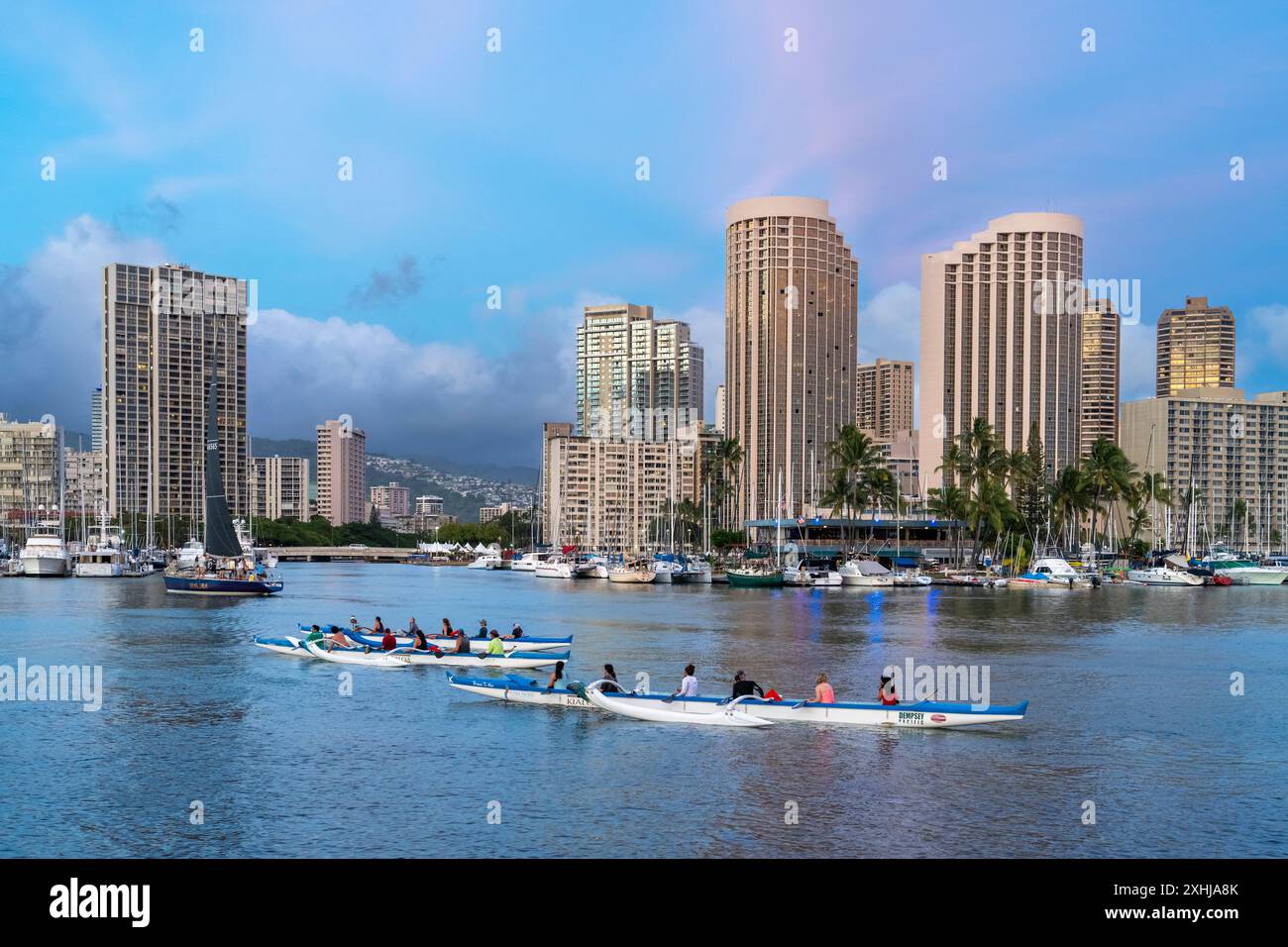 High rise buildings and the Kahanamoku Lagoon in Waikiki, Honolulu ...
