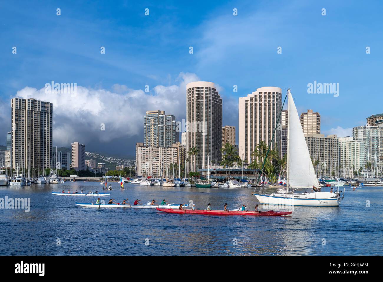 High rise buildings and the Kahanamoku Lagoon in Waikiki, Honolulu ...