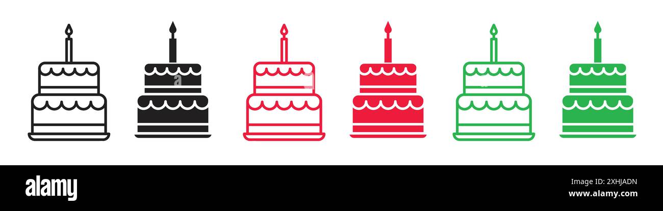 Birthday cake Icon Black line art vector in black and white outline set ...