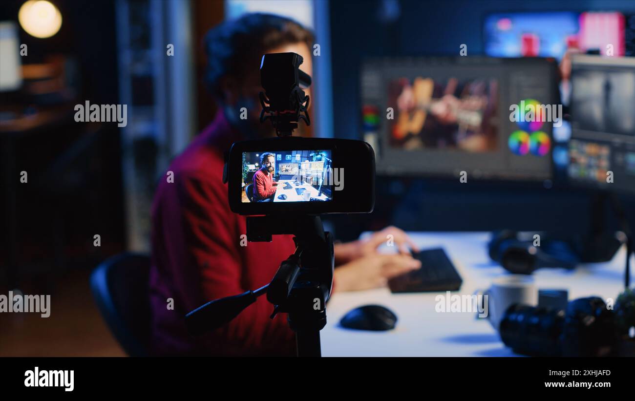 Photographer content creator using professional camera to record basic ...