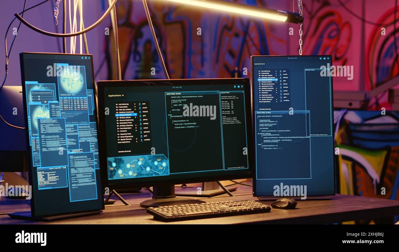 High tech computer systems running malicious code in messy empty criminals hideaway. Virus ...