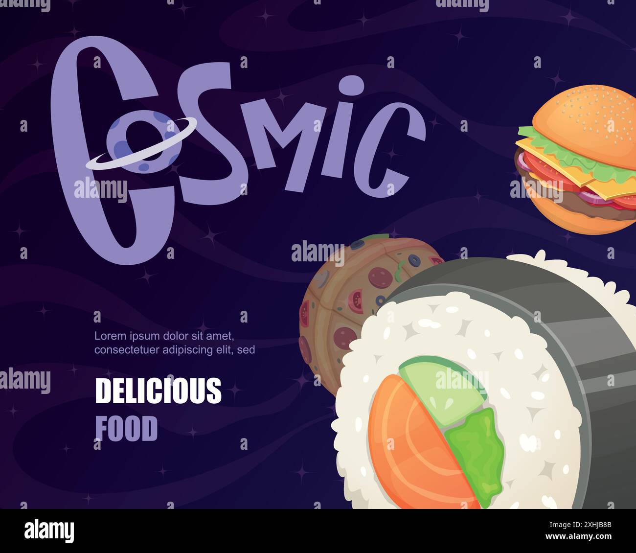 planets food. cosmic background with comic title and sushi circle ...