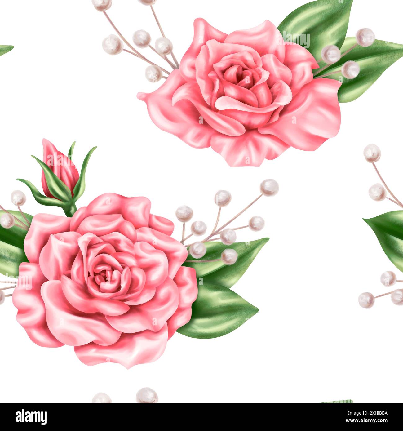 Seamless pattern of vintage pastel pink rose buds and green leaves ...