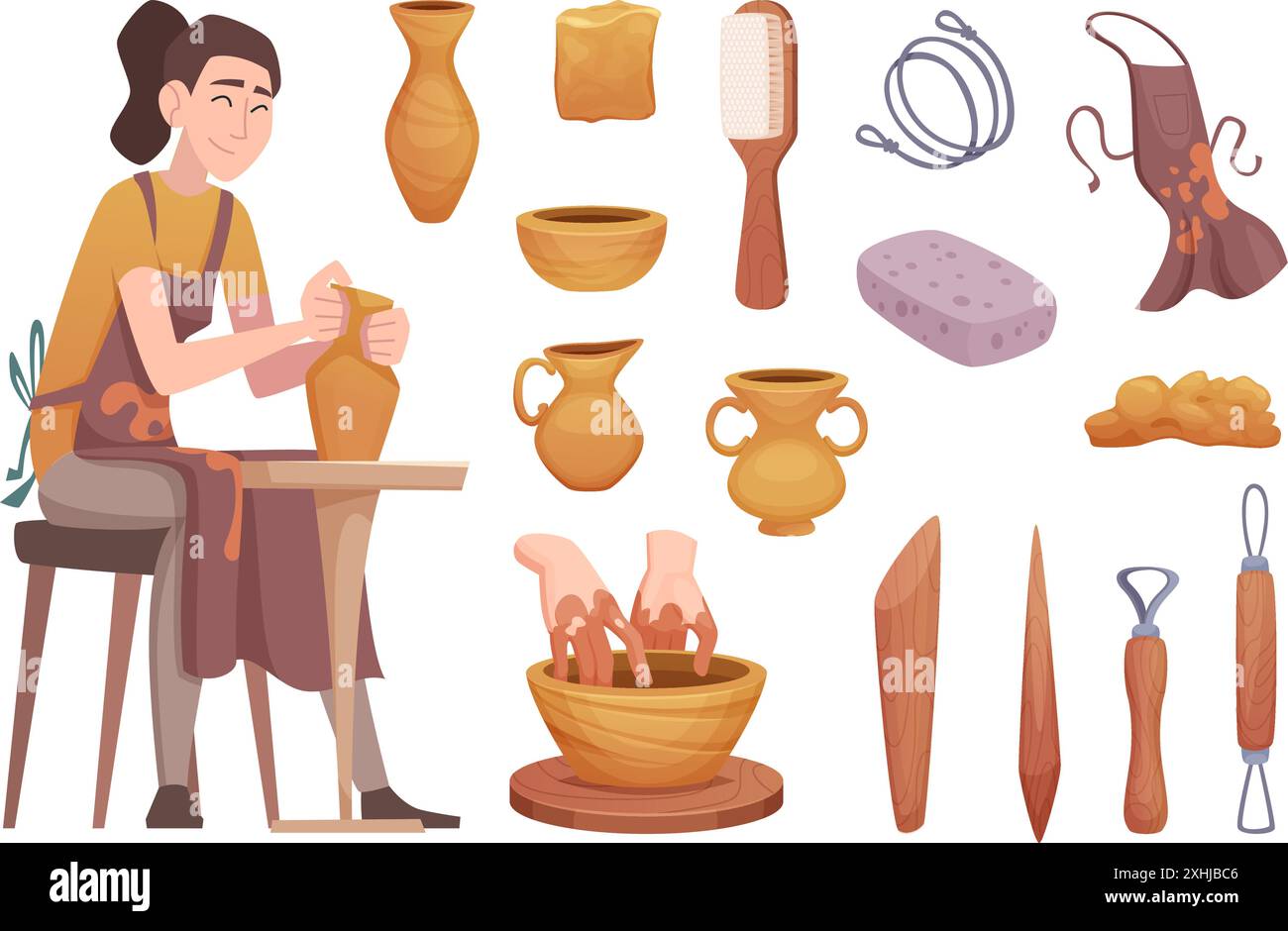 Workshop of clay pot production working tools exact vector cartoon set ...