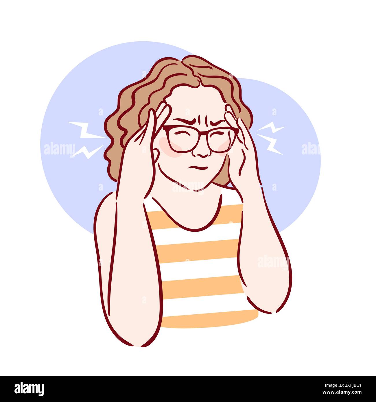 Young woman having headache. A girl in glasses holds her temples ...