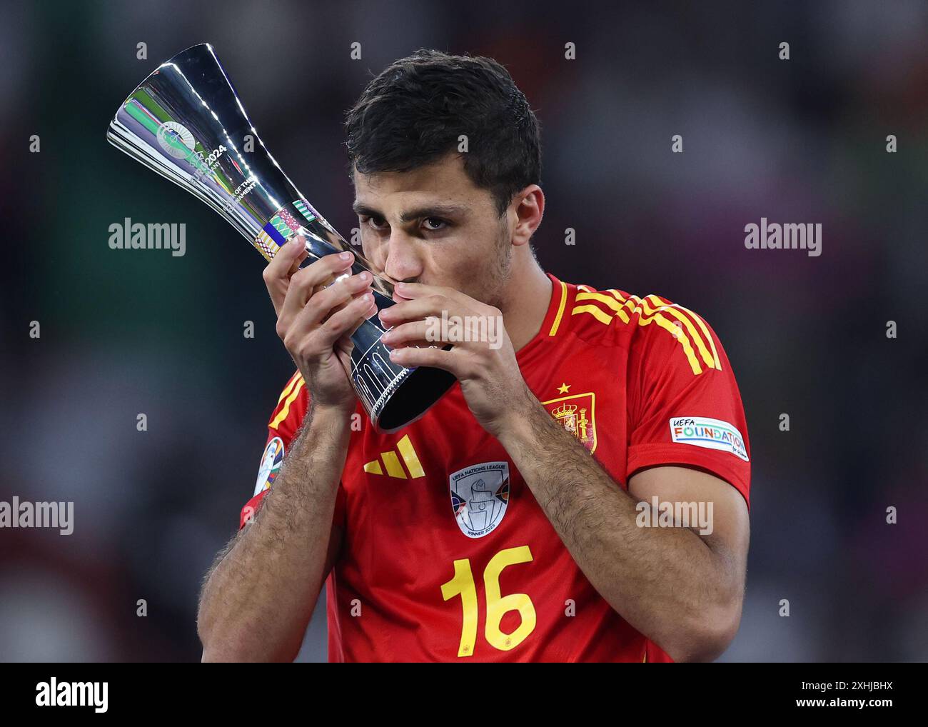 Berlin, Germany. 14th July, 2024. Rodri of Spain kisses player of the ...