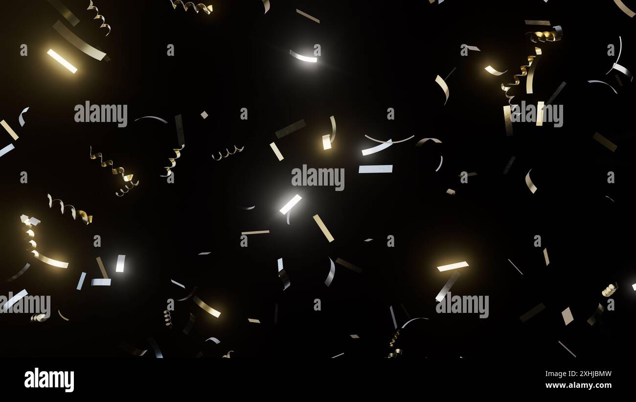 3D illustration of golden flickering confetti party popper falling on ...