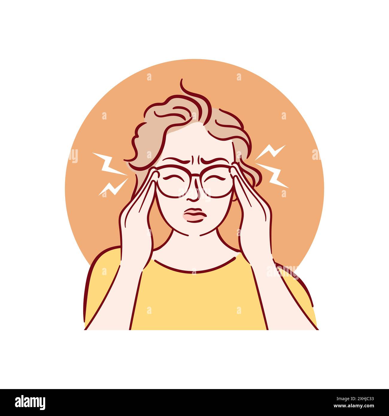Young woman having headache. A girl in glasses holds her temples ...