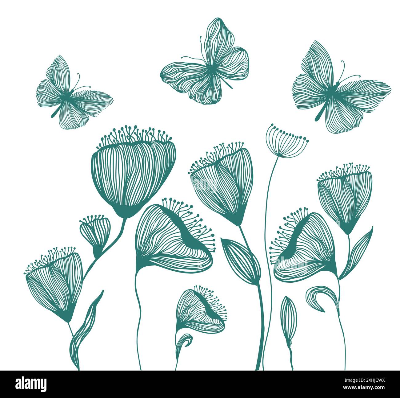 Line flowers with butterflies. hand drawing. Not AI, Vector ...