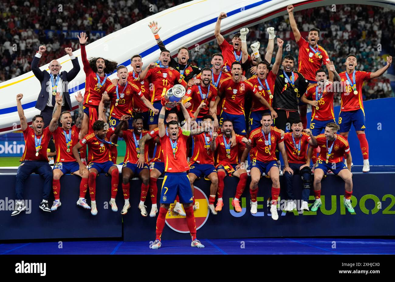 Spain's Alvaro Morata lifts the Henri Delaunay Cup with team-mates ...