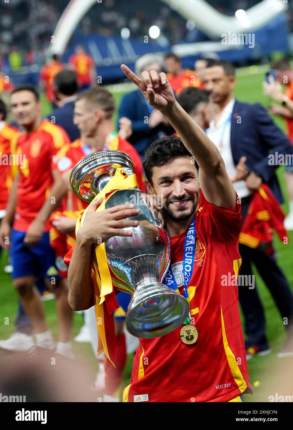 Spain’s Jesus Navas celebrates with the torphy after the UEFA Euro 2024 ...