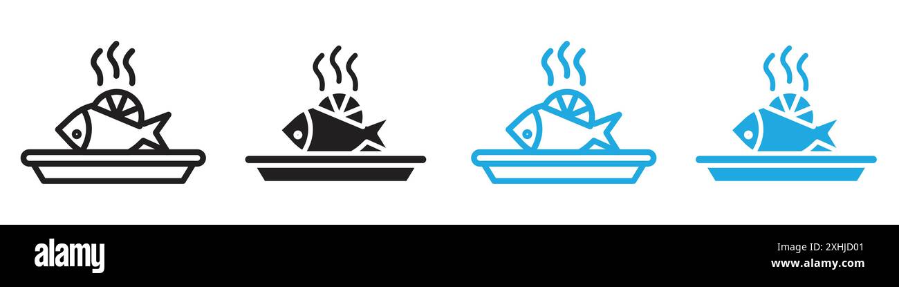 Cooked fish icon Black line art vector in black and white outline set ...
