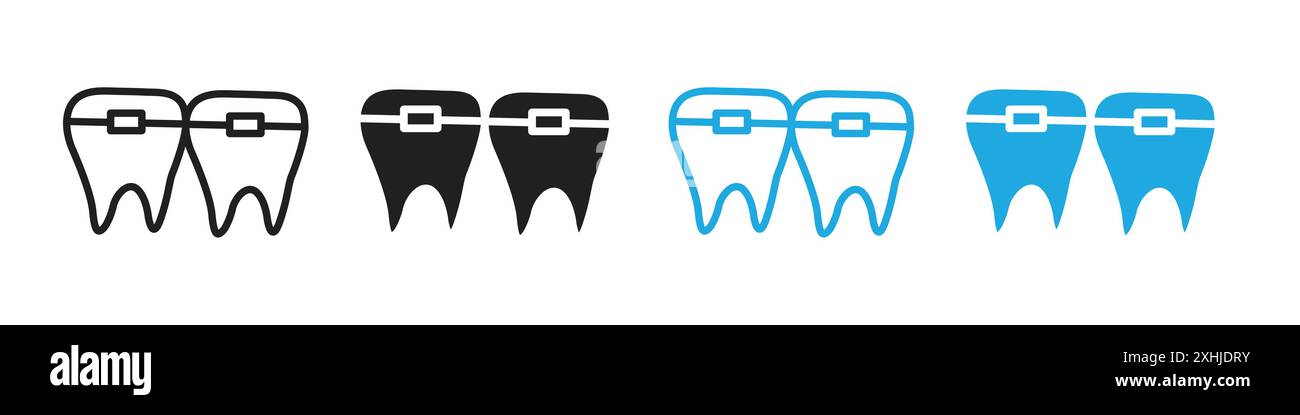 Teeth with braces icon Black line art vector in black and white outline ...