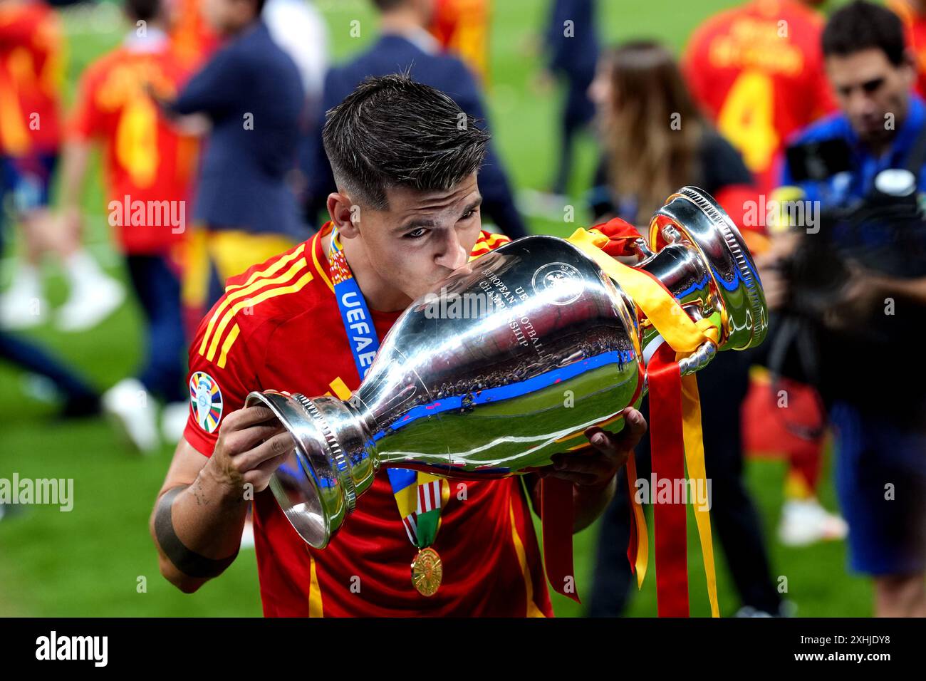 Spain’s Alvaro Morata celebrates with the trophy after the UEFA Euro ...