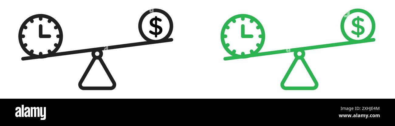Time and money scale icon Black line art vector in black and white ...