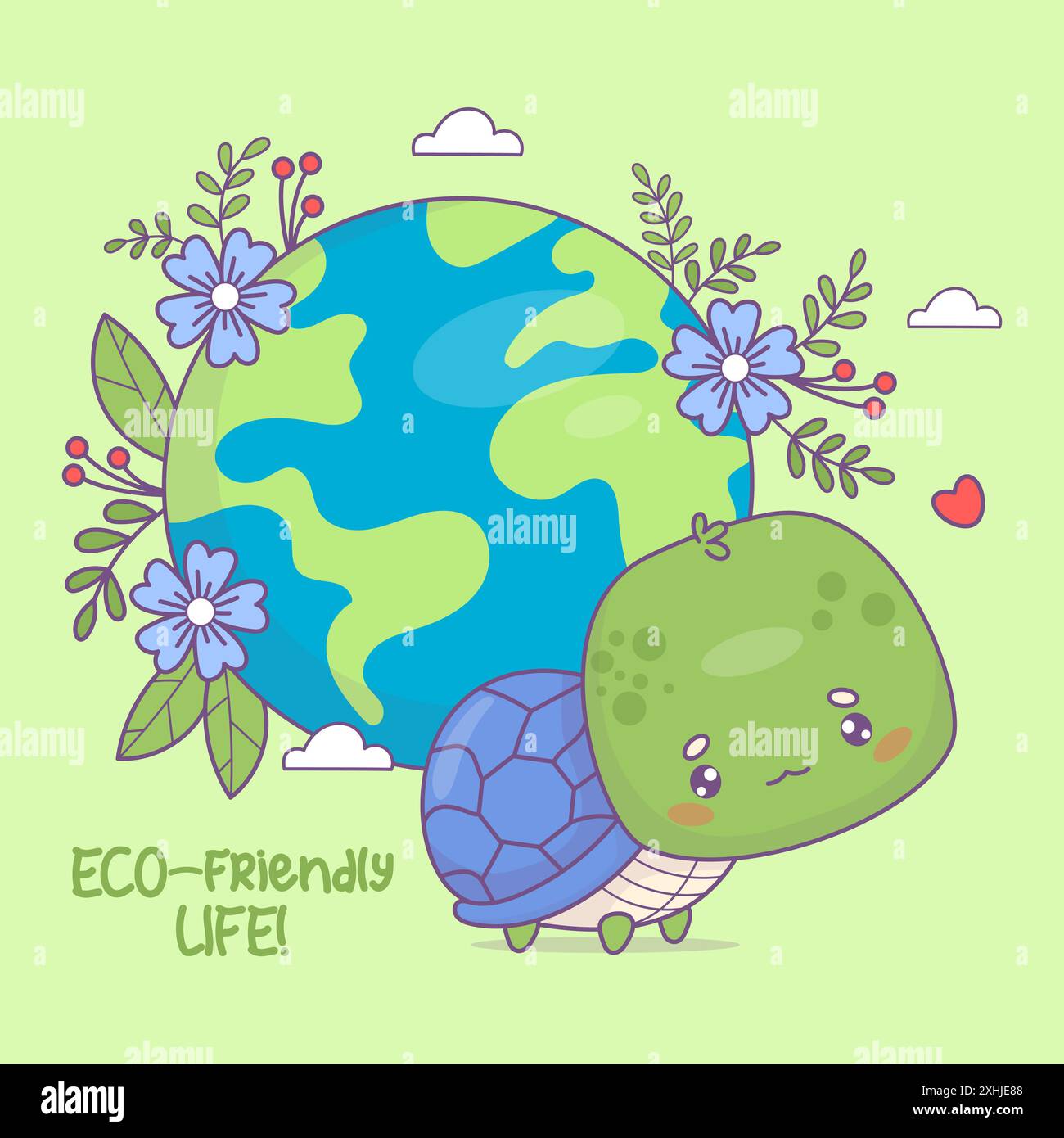 Eco-friendly life. Cute turtle character with green planet Earth and flowers. Funny cartoon ...