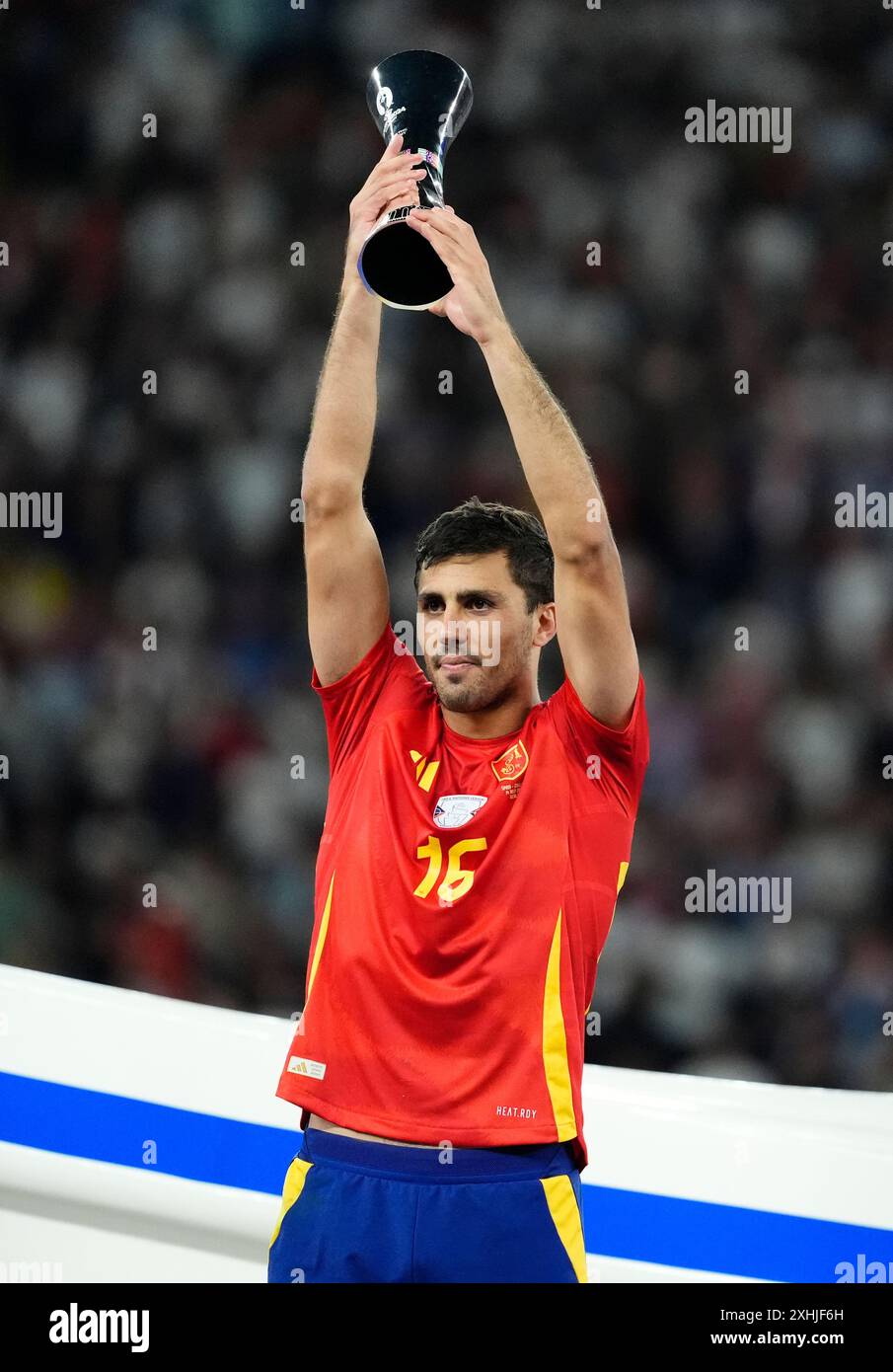 Spain's Rodri with the Player of the Tournament trophy after the UEFA ...