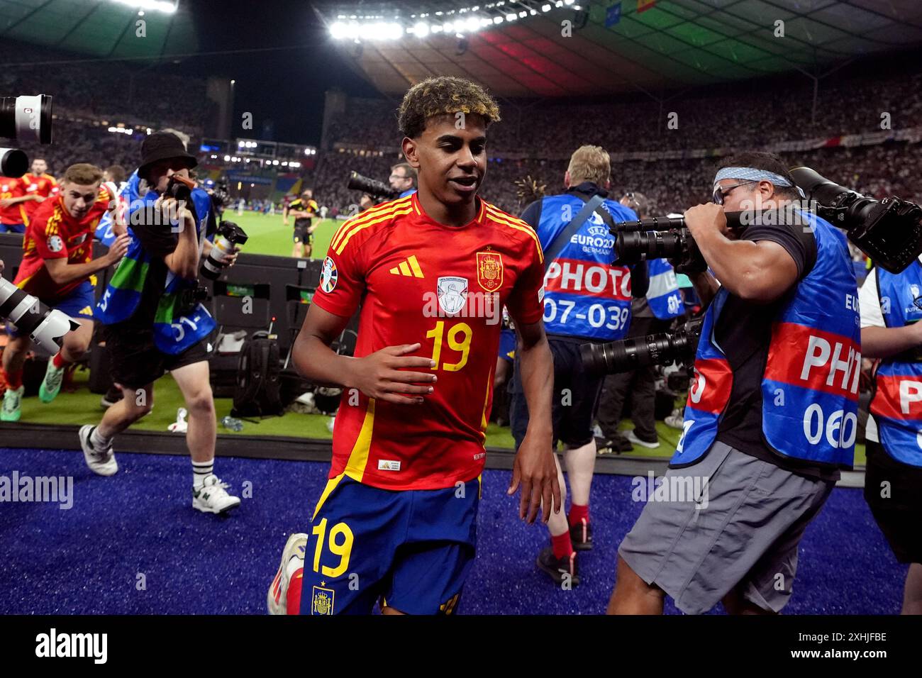 Spain’s Lamine Yamal celebrates their victory after the UEFA Euro 2024 ...