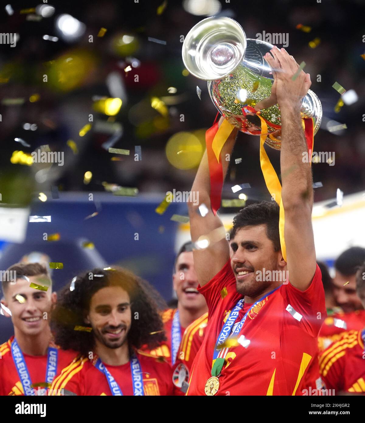 Spain's Rodri celebrates with the trophy after winning the UEFA Euro ...