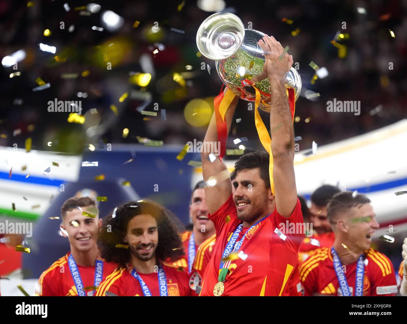 Spain's Rodri celebrates with the trophy after winning the UEFA Euro ...
